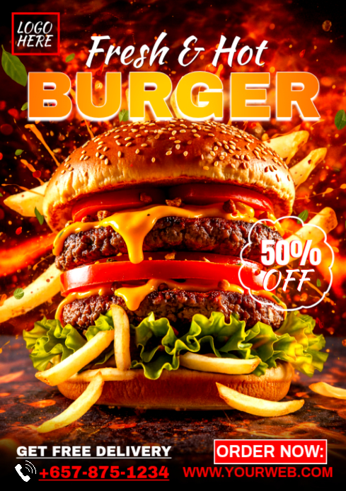 Plantilla de Red Maximalist Fresh & Hot Burger Discount Flyer A4 ...