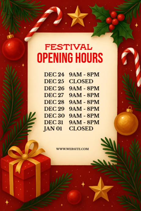 Red Maximalist Holiday Opening Hours Notice Poster Template | PosterMyWall