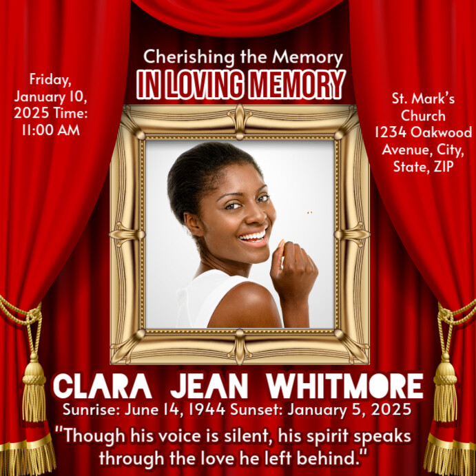Red Maximalist Memorial Funeral Announcement Flyer Instagram Post Template | PosterMyWall