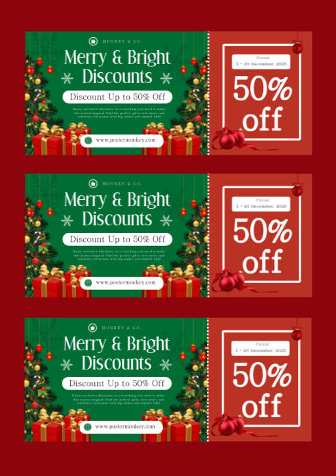 Red Maximalist Merry & Bright Discounts Voucher A4 Template | PosterMyWall
