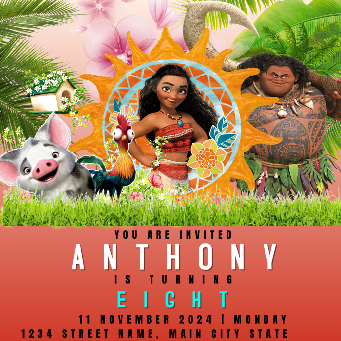 Red Maximalist Moana Birthday Instagram Post Template | PosterMyWall