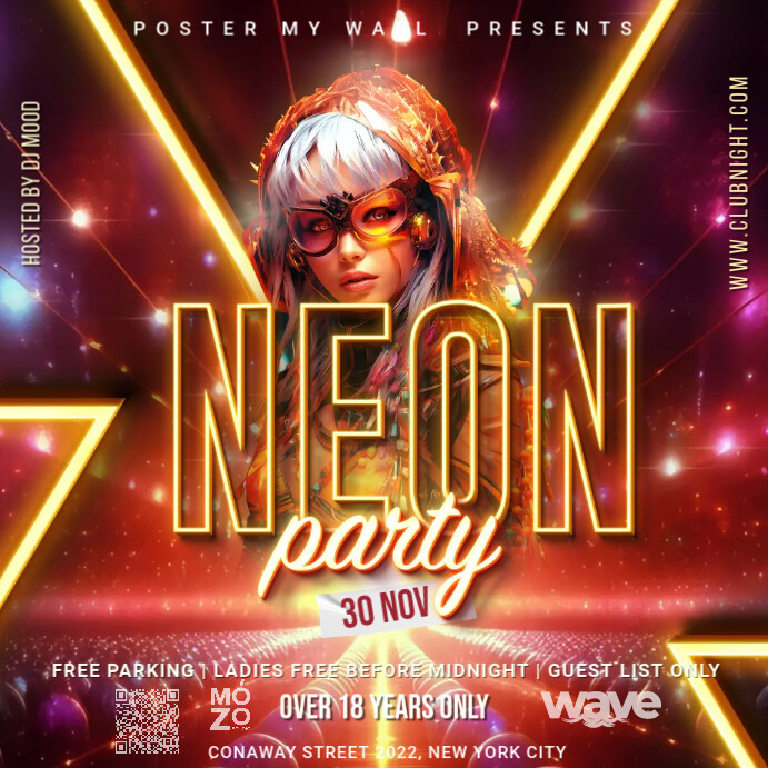 Red Maximalist Neon Party Night Instagram Post Template | PosterMyWall