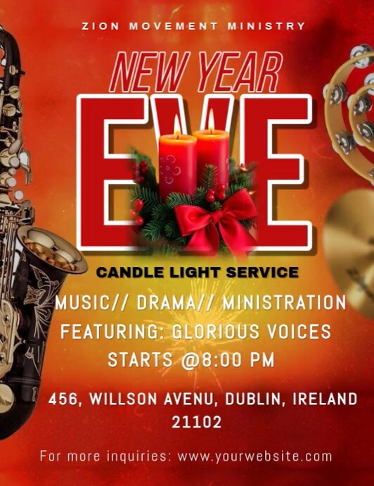 Plantilla de Red Maximalist New Year Eve Candle Light Service Flyer (us ...