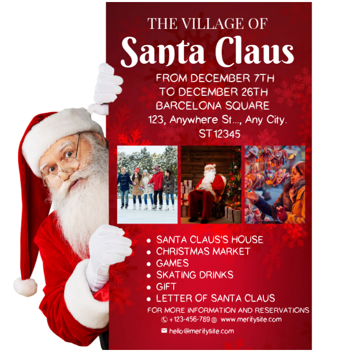 Plantilla de Red Maximalist Red And White Graphic Santa Claus Village ...