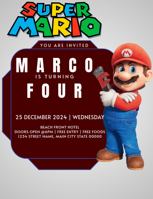 Red Maximalist Super Mario Birthday Flyer (us Letter) Template ...