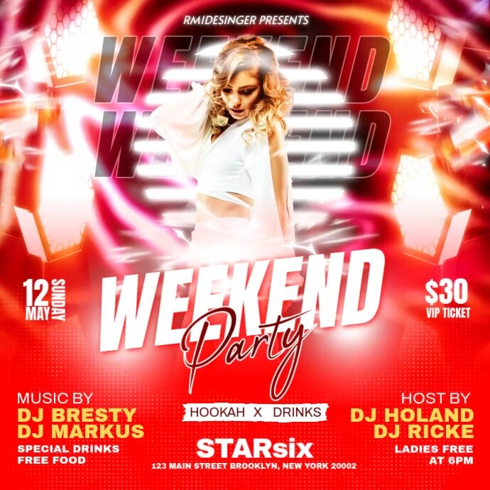 Red Maximalist Weekend Party Flyer Instagram Post Template | PosterMyWall