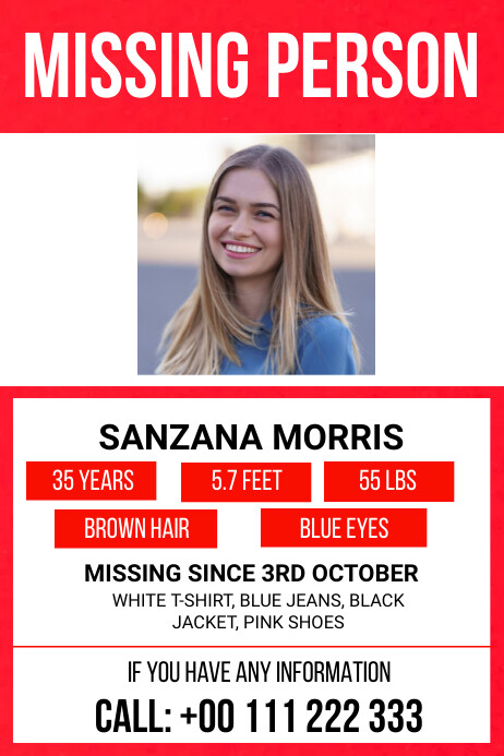 Red Missing Person Poster Modelo | PosterMyWall