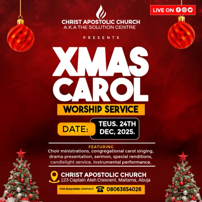 Red Modern & Minimal Christmas Carol Night Service Template Instagram ...