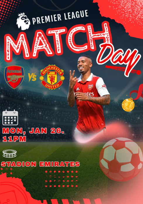 Red Modern & Minimal Football Match Day Schedule A4 Template | PosterMyWall