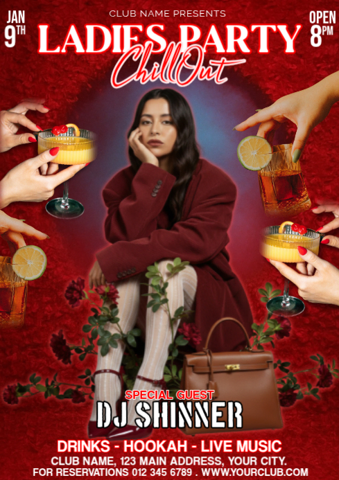 Red Modern & Minimal Ladies Night Party Invitation Social Media A4 ...