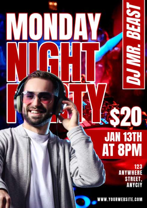 Red Modern & Minimal Monday Night Party A1 Templat | PosterMyWall