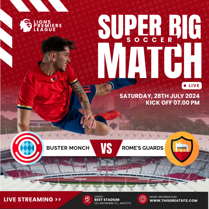 Red Modern & Minimal Super Big Match Soccer Template | PosterMyWall