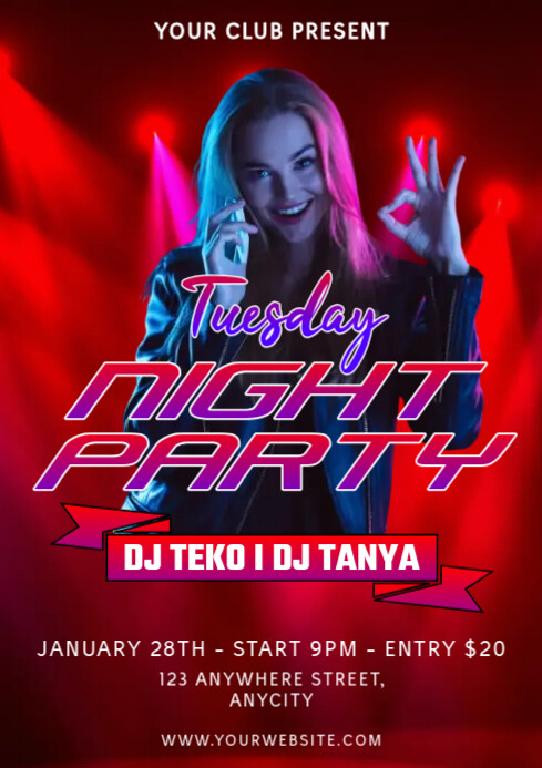 Red Modern & Minimal Tuesday Night Party A1 Template | PosterMyWall