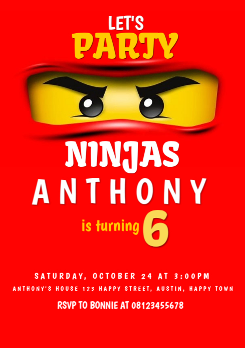 Red Modern & Minimal Lego Ninjago Birthday Invitation A4 Template ...