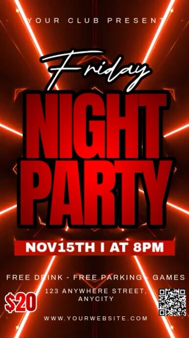 Red Neon Friday Night Party Reel Instagram Template | PosterMyWall