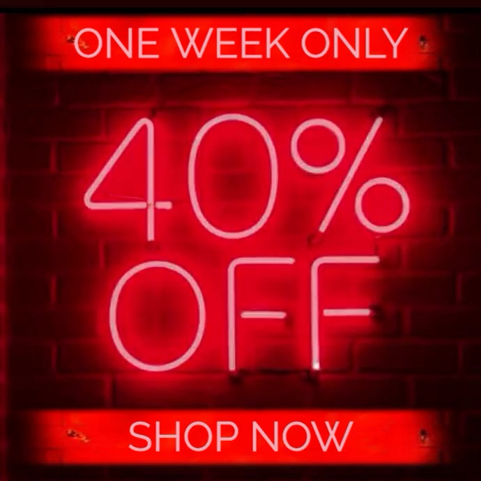 Red Neon Retail Sale 40% Off Video Instagram Post Template | PosterMyWall