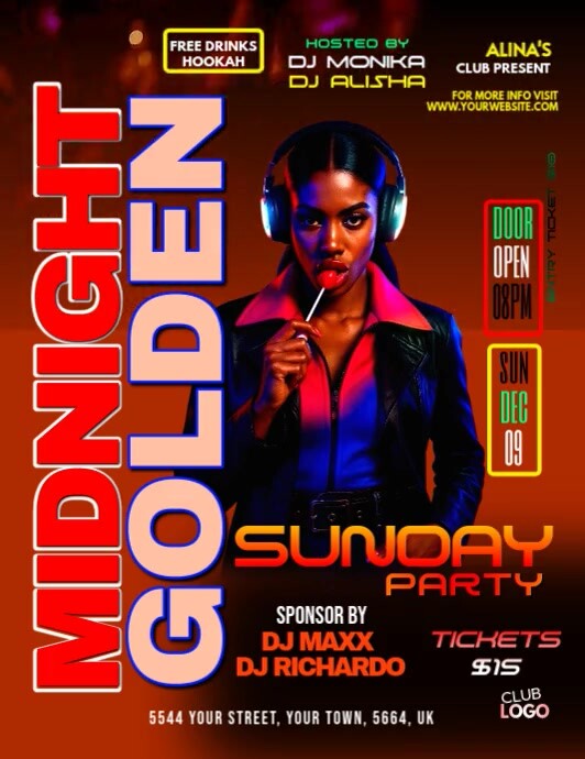 Copy of Red Neon Sunday Golden Midnight Party Flyer (us Letter ...