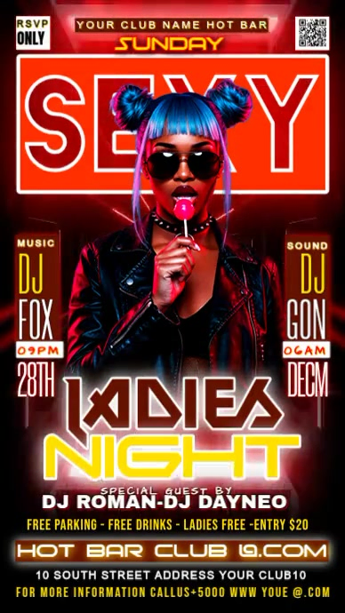 Red Neon Sunday Ladies Night Club Party Flyer Digital Display (9:16 ...