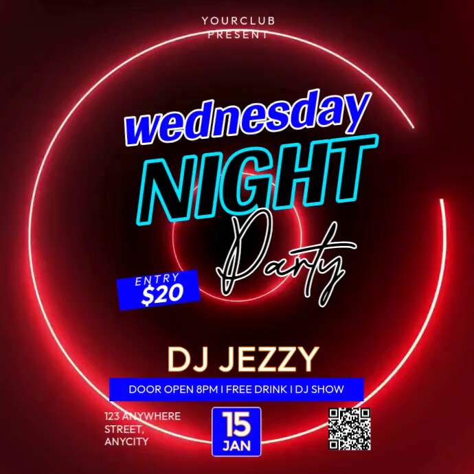 Red Neon Wednesday Night Party Pos Instagram Template | PosterMyWall