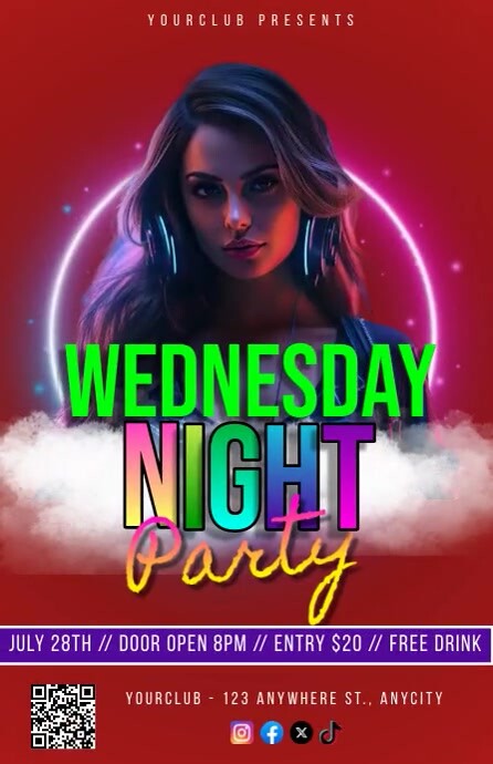 Red Neon Wednesday Night Party Tabloid Template | PosterMyWall
