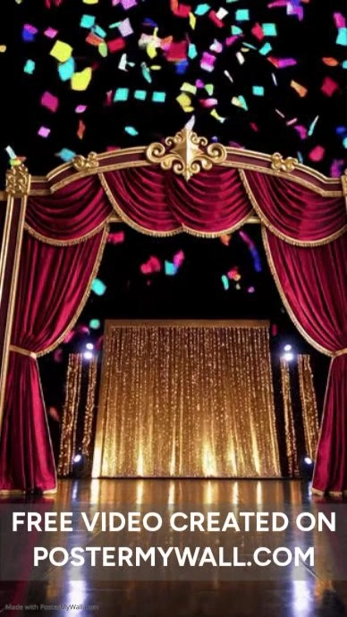 Red open curtain celebration stage video template with falling confetti ...