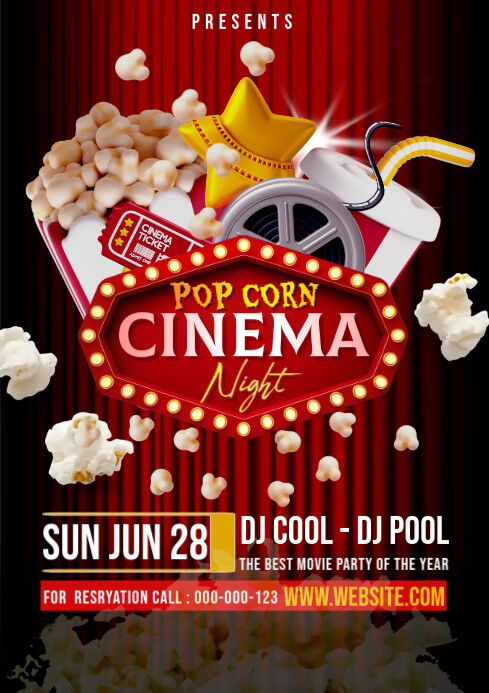Red Popcorn Cinema Night Party Poster A4 Template | PosterMyWall