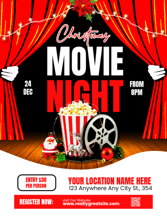 Red Professional Christmas Movie Night — Festive Holiday Event Flyer ...
