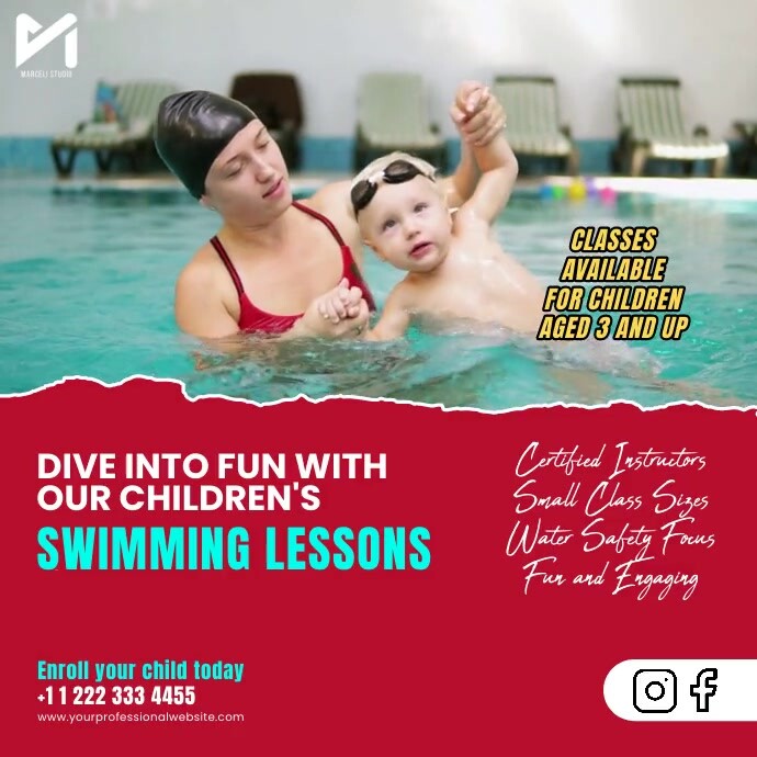 Red Professional Swimming Lessons For Childre Template | PosterMyWall