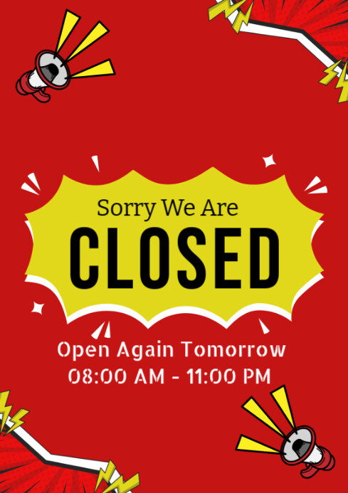 Red Professional We're Closed For Today Open Again Tomorrow A4 Template ...