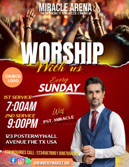 Red Professional Worship With Us Every Sunday Flyer (us Letter ...