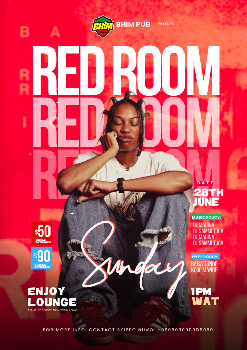 Red Room Sunday Party Poster Template | PosterMyWall