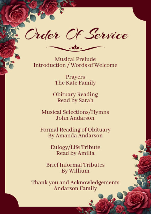 Red Rose Floral Order Of Service A5 Template | PosterMyWall