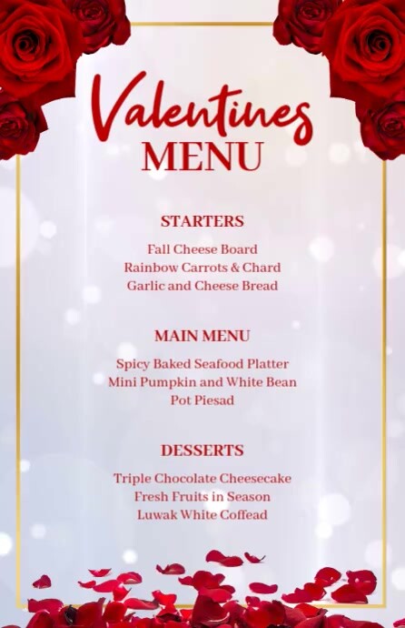Red Rose Floral Valentine's Food Menu Tabloid Template | PosterMyWall