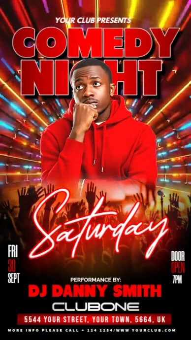 Red Saturday Comedy Night Party Video Flyer Instagram Story Template ...