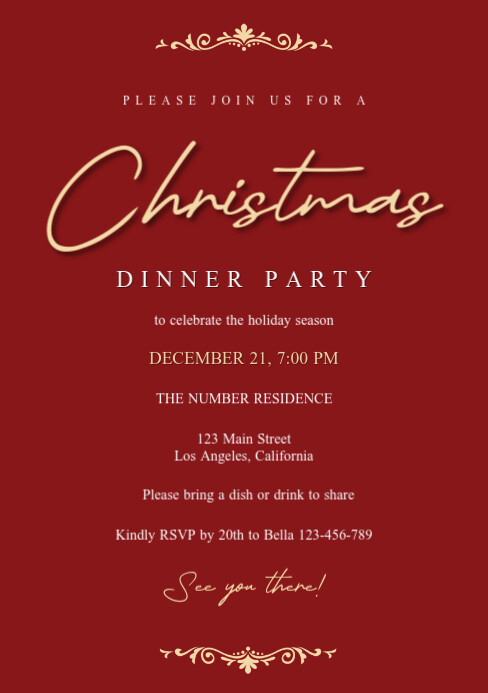 Plantilla de Red Simple Elegant Christmas Dinner Party Invitation Card ...