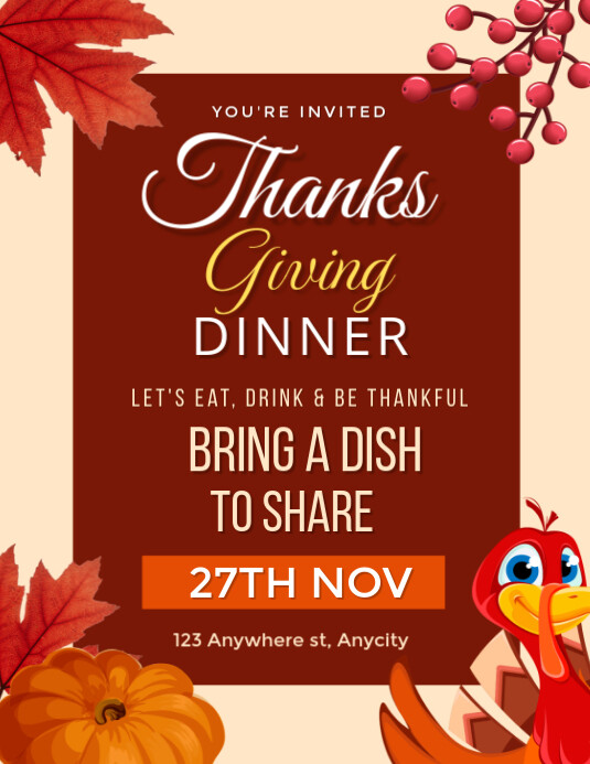 Red Thanksgiving dinner invitation Flyer 2024 Template | PosterMyWall
