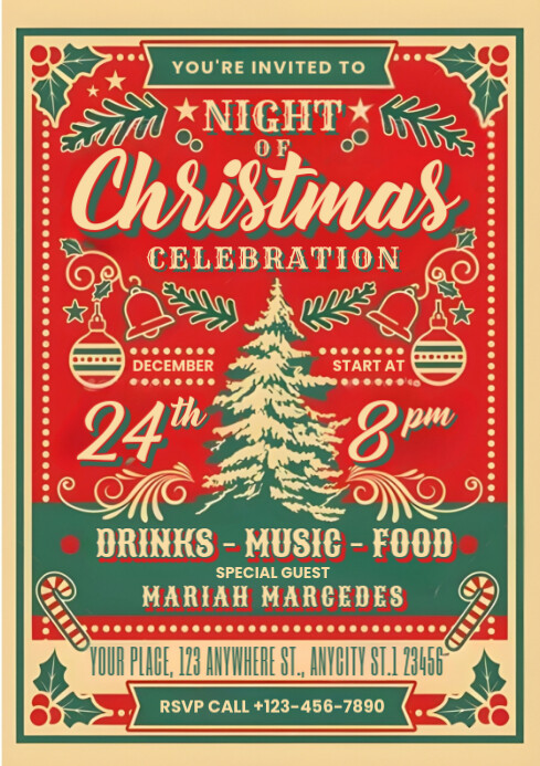 Red Typographic Night Of Christmas Invitation A4 Template | PosterMyWall