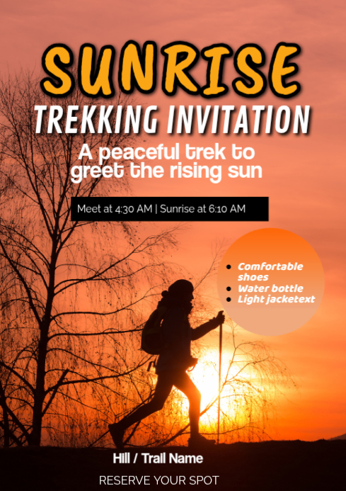 Red Typographic Sunrise Treking Invitation A4 Template | PosterMyWall