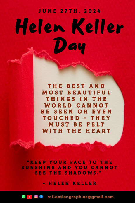 Red Typography Helen Keller Day Poster เทมเพลต | PosterMyWall