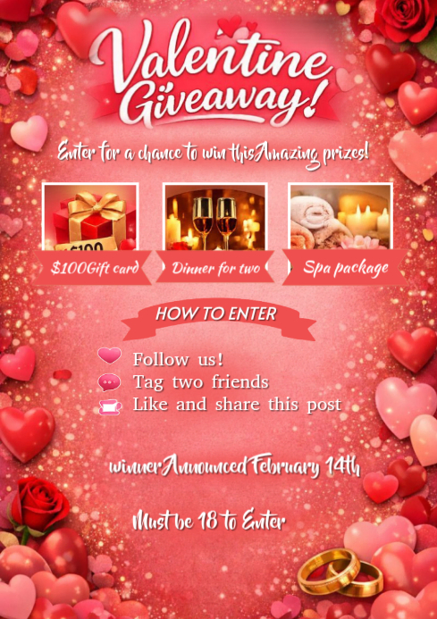 Red Valentine's Day Giveaway A4 Template | PosterMyWall