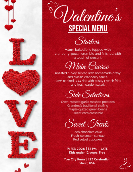 Modèle Red Valentine's Day Menu Flyer | PosterMyWall