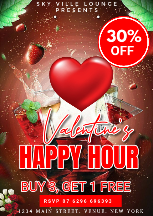 Red Valentine's Happy Hour A4 Template | PosterMyWall