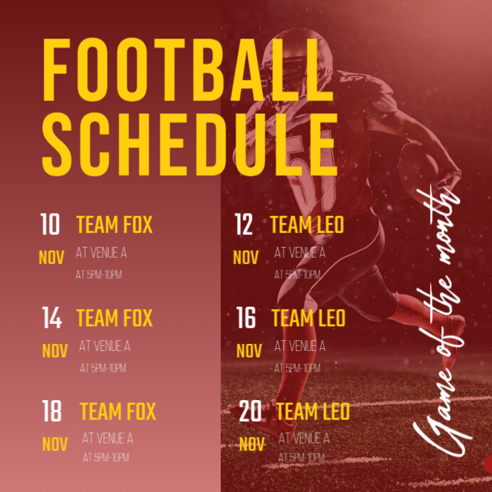 Red Yellow 3d Football Schedule Instagram Post Template | PosterMyWall