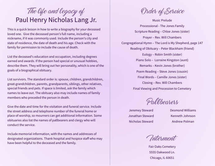 Regal Purple Funeral Program (inside)) Template | PosterMyWall
