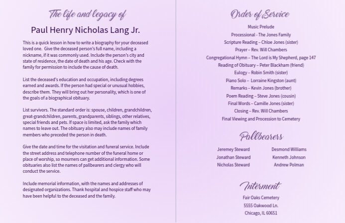 Regal Purple Funeral Program Large Booklet (inside) Template | PosterMyWall
