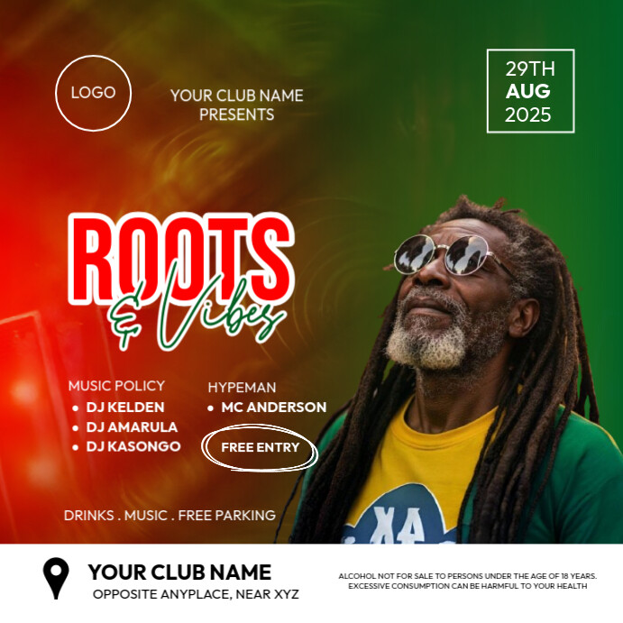 Reggae Roots club party event poster Template | PosterMyWall