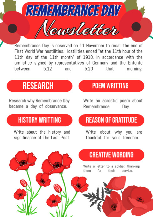 remembrance day school newsletter a4 เทมเพลต | PosterMyWall