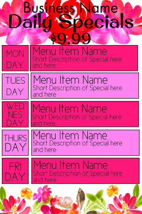 Restaurant Bar Daily Specials Floral Menu Template | PosterMyWall