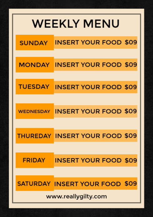 Plantilla de Restaurant Weekly Food Menu Template A4 | PosterMyWall