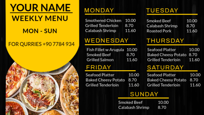 Restaurants weekly food menu template | PosterMyWall